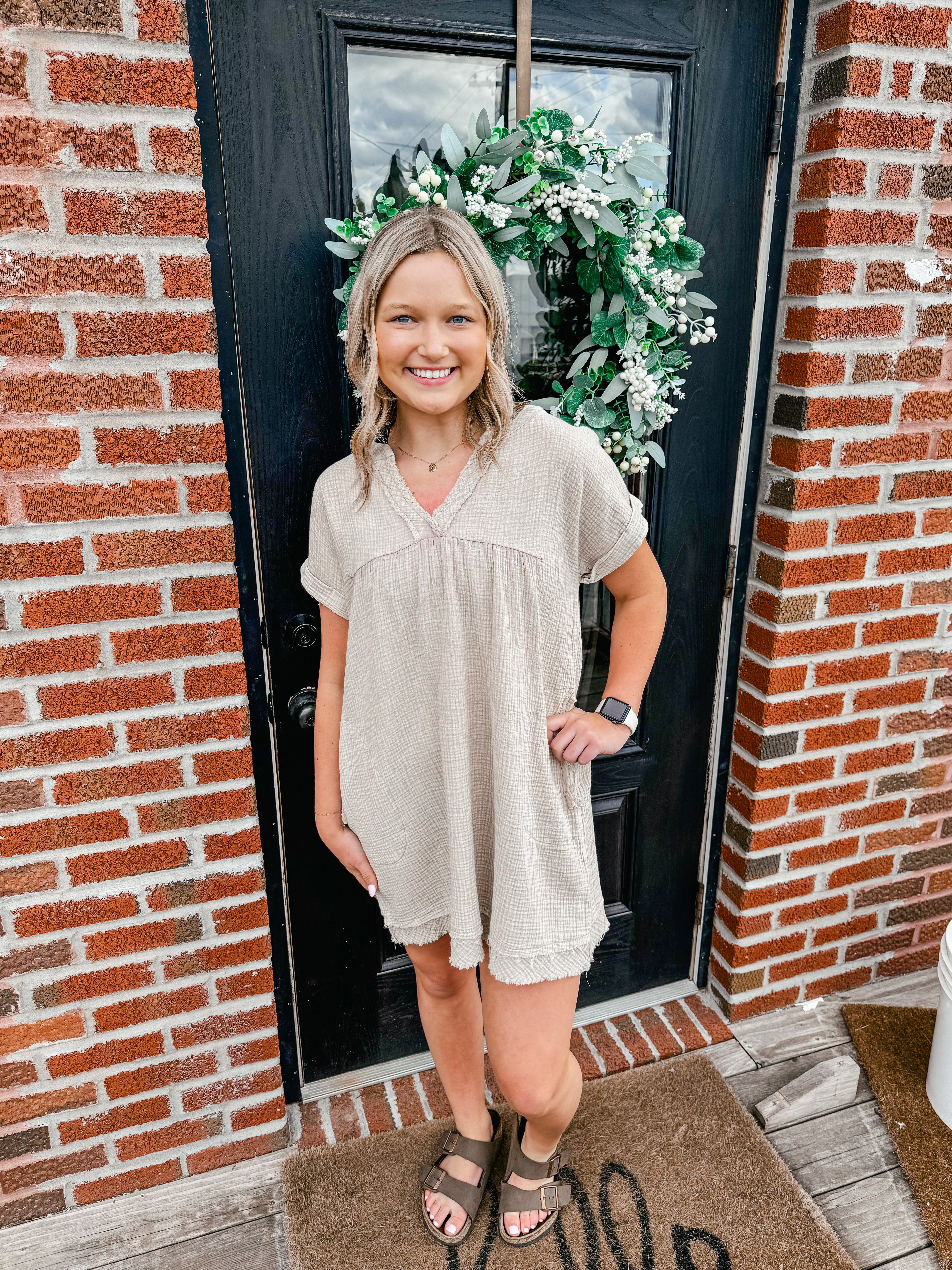 Rosie- Ash Mocha- V-Neck Washed Gauze Dress – North and Trendy Boutique